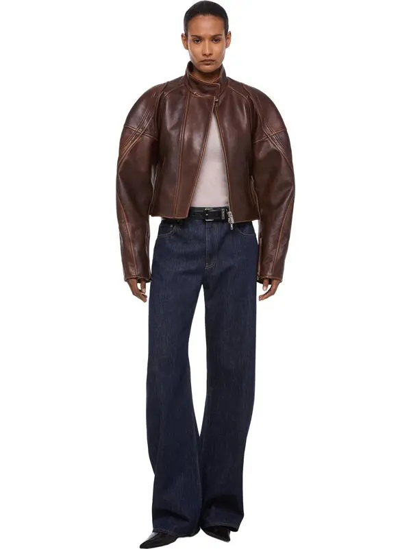 Helmut Lang Cropped Leather Jacket - Saddle