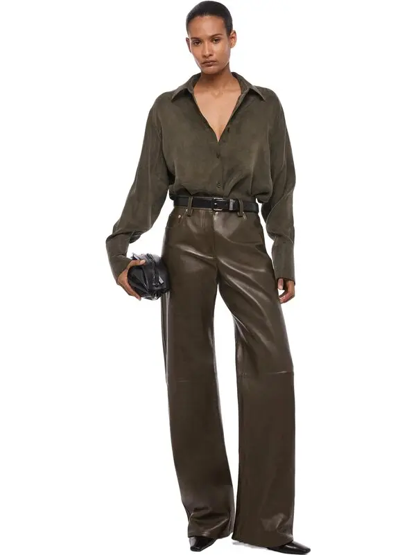 Helmut Lang Leather Relaxed Bootcut Pants - Dark Moss/black