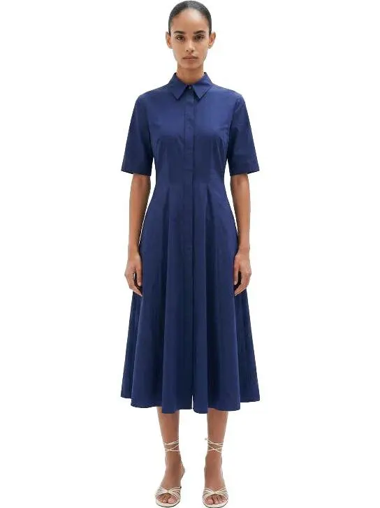 EXQUISE Darcel Short Sleeve Buttoned Midi Dress - Navy