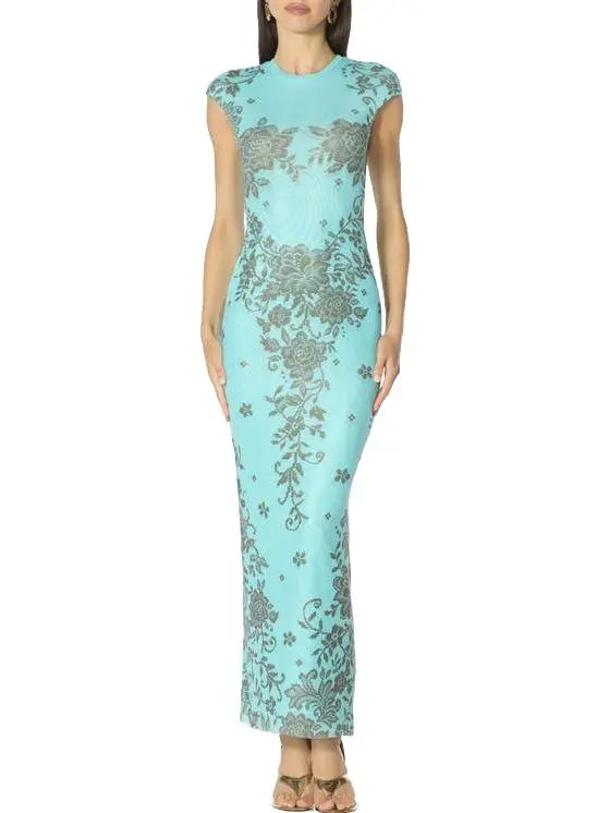AFRM Mylo Floral Print Mesh Maxi Dress - Turquoise Crochet