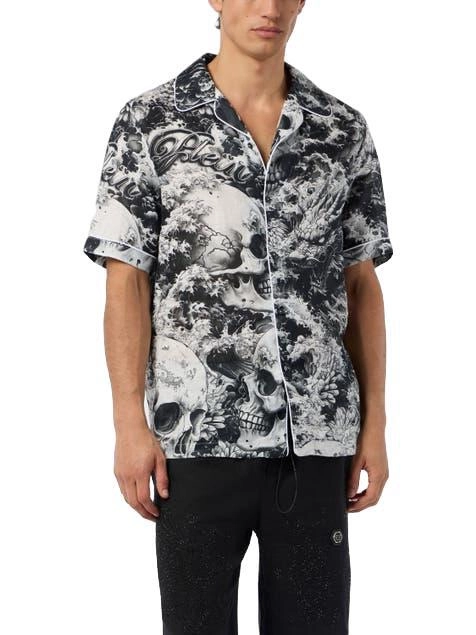 Philipp Plein Linen Bowling Shirt All-over Ceramic - Black
