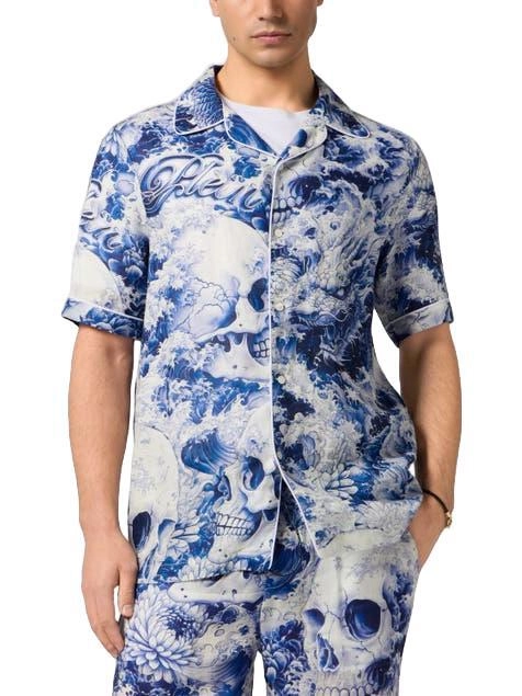 Philipp Plein Linen Bowling Shirt All-over Ceramic - Navy