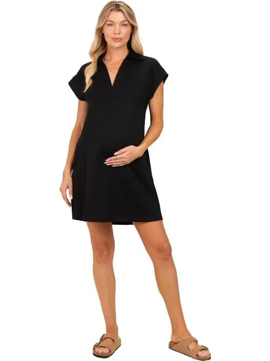 PINKBLUSH Collared Short Sleeve Maternity Dress With Pockets - Black