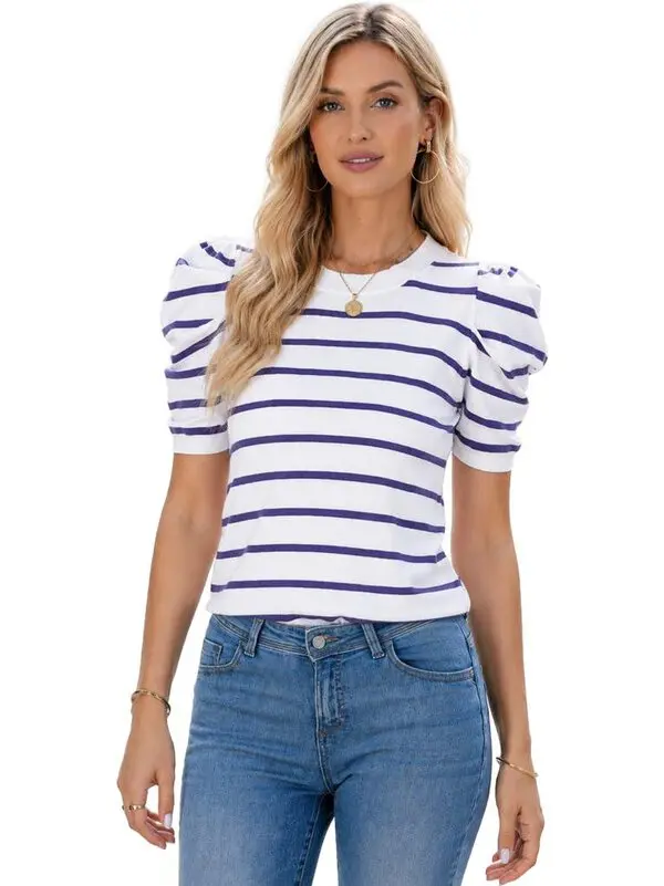 ZILPU Striped Puff Sleeve Knit Top - Blue