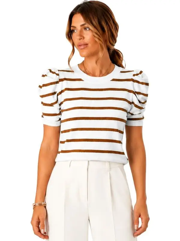 ZILPU Striped Puff Sleeve Knit Top - Brown