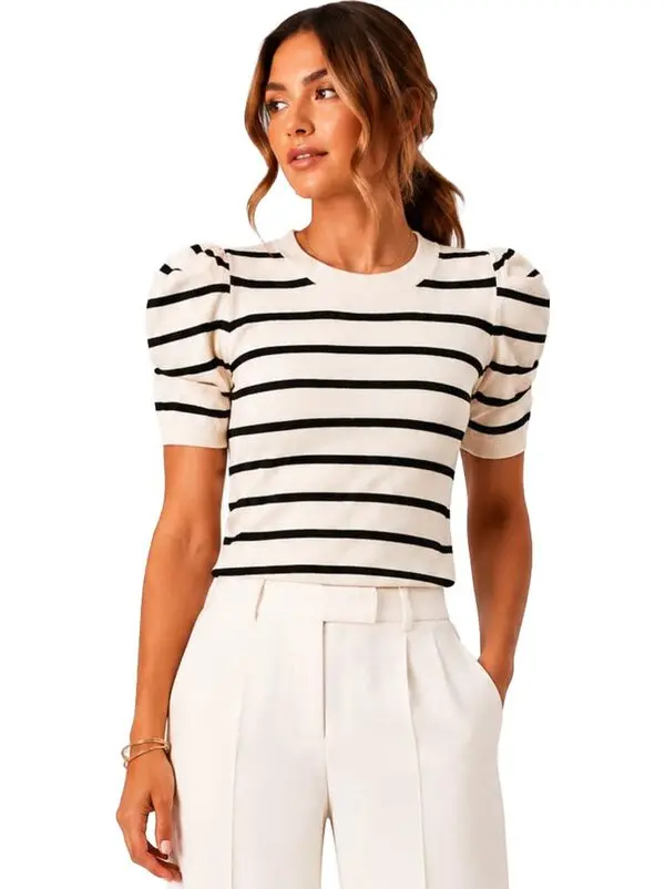 ZILPU Striped Puff Sleeve Knit Top - White