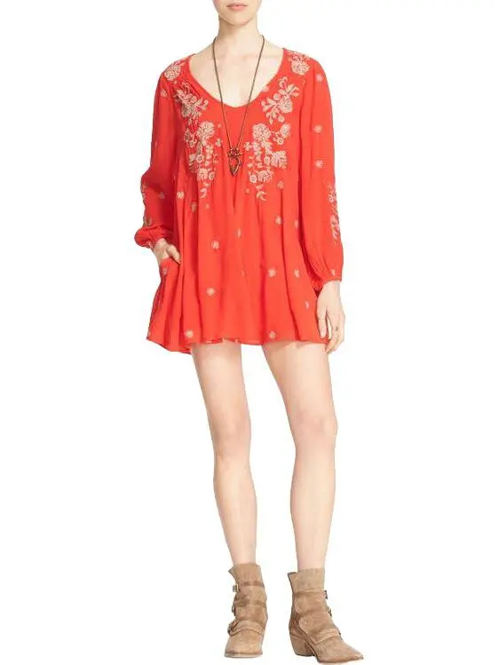 Free People Embroidered V-neck Mini Dress - Red Combo