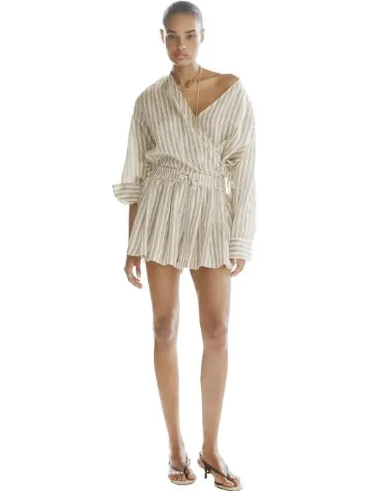H&m Relaxed Fit Drawstring Shorts In Lyocell Blend - Light Beige/striped