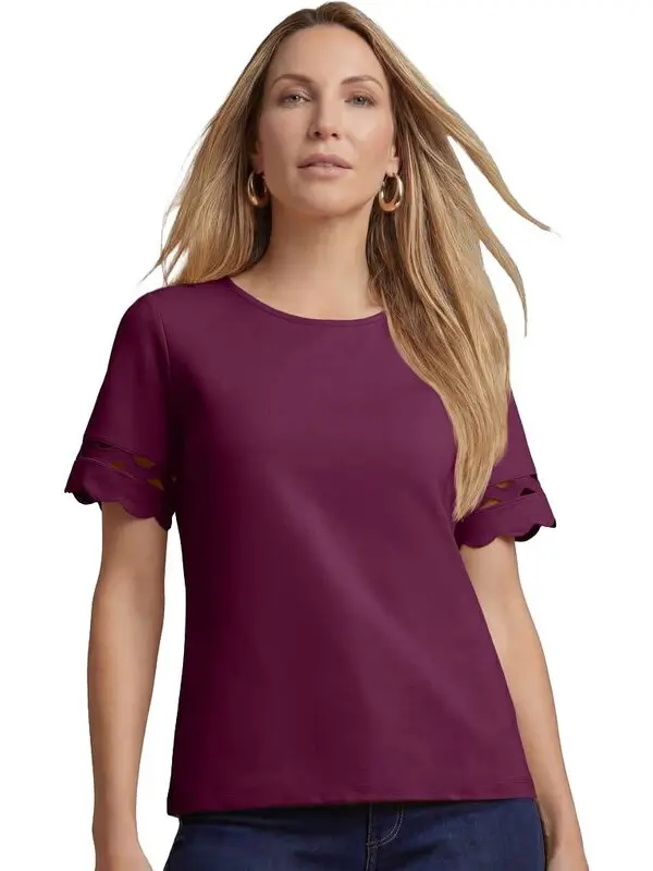 JESSICA LONDON Scallop Trim Tee Short Sleeve Crewneck - Deep Claret