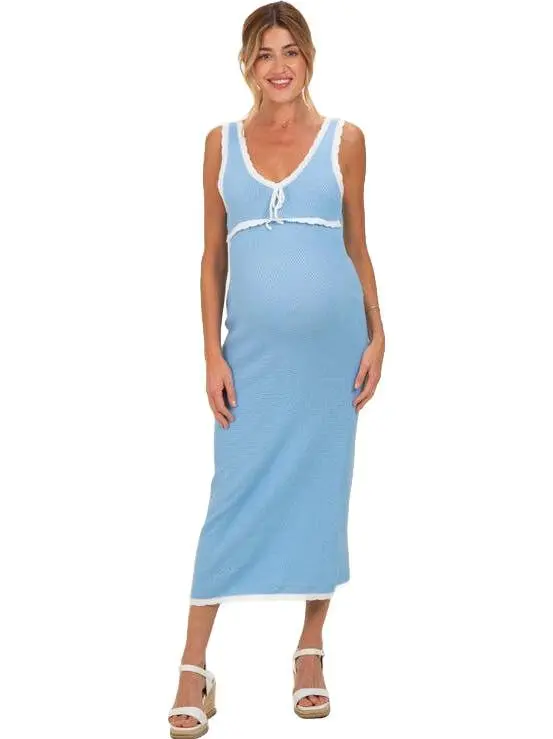 PINKBLUSH Knit Sleeveless Contrast Trim Maxi Dress - Light Blue