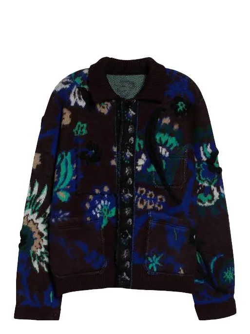 Sacai Floral Jacquard Knit Blouson Cardigan Sweater - Brown