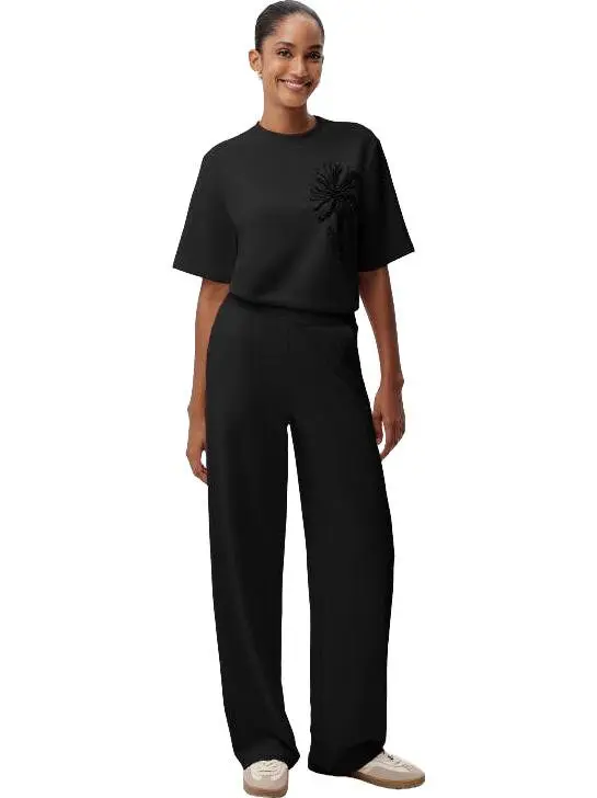 EXQUISE Wide Leg Knit Trousers - Black