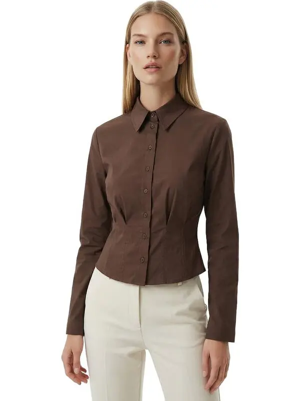 EXQUISE Felecia Long Sleeve Crop Shirt - Brown