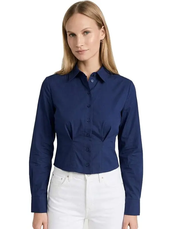 EXQUISE Felecia Long Sleeve Crop Shirt - Navy