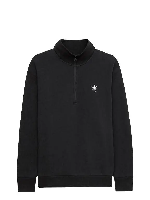 Boast Fleece Quarter Zip With Embroidered Leaf Detail - Black