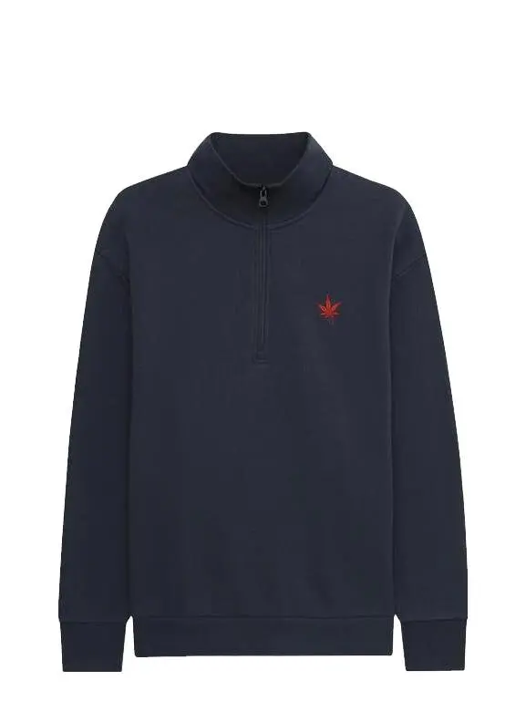 Boast Fleece Quarter Zip With Embroidered Leaf Detail - Navy