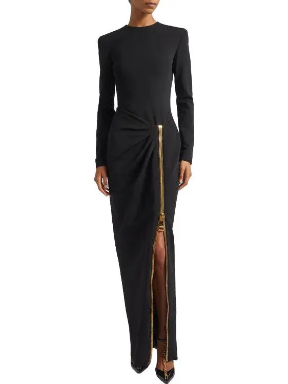 Balmain Long Sleeve Draped Zip Compact Jersey Maxi Dress - 0pa Black