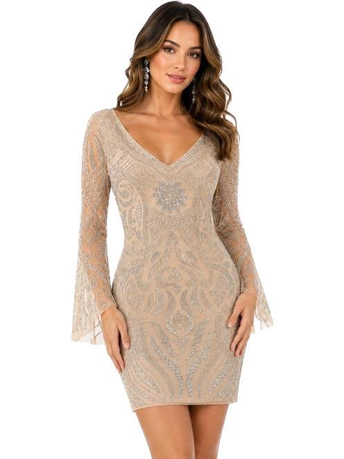 LARA NEW YORK Bell Sleeves V Neck Cocktail Dress - Nude