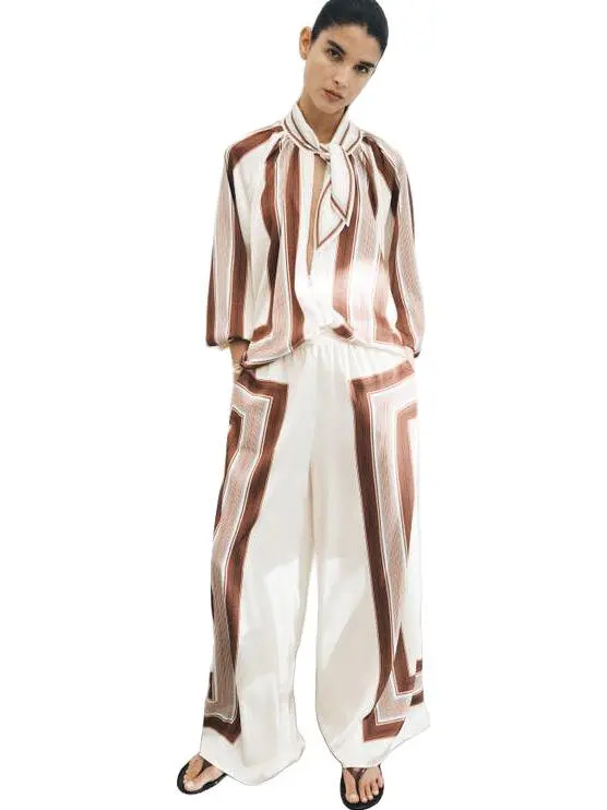 H&m Satin Drawstring Pants - Cream/patterned