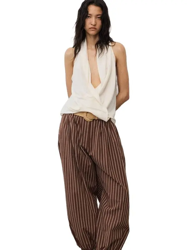 H&m Belted Balloon-leg Pants - Brown/striped