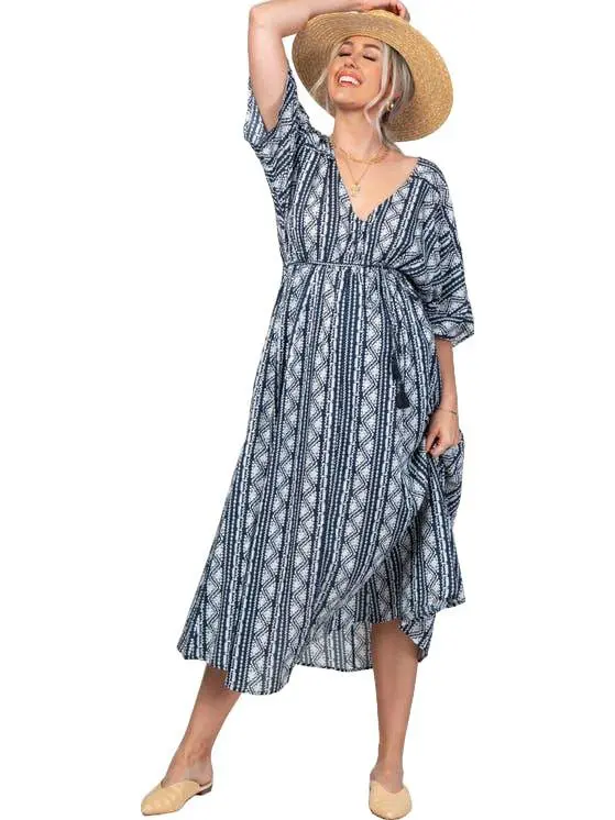 PINKBLUSH Printed V-neck Midi Dress - Navy Blue