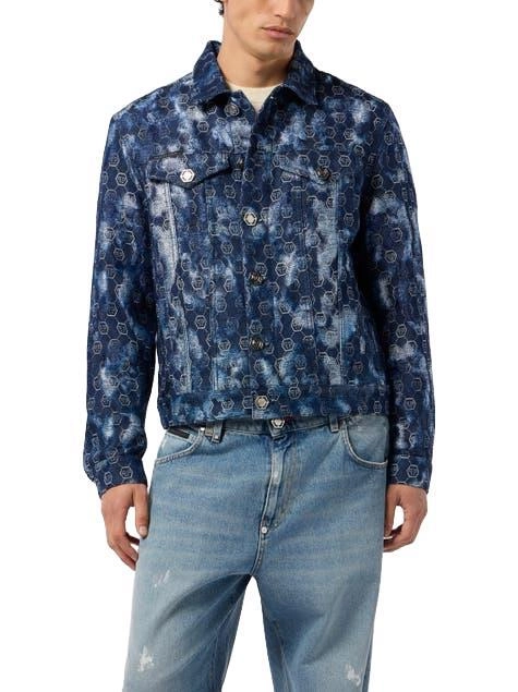 Philipp Plein Denim Trucker Jacket Jacquard Monogram - Navy