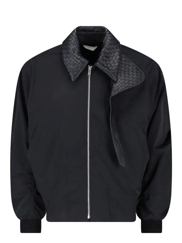 Bottega Veneta Nylon And Cotton Jacket With Woven Lambskin Collar - Black