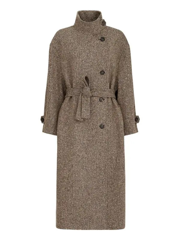 Brunello Cucinelli Sparkling Virgin Wool Chevron Belted Coat With Monili - Light Brown