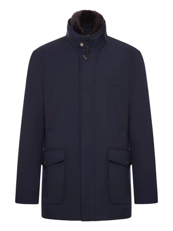 MOORER Fur-collar Coat - Dark Blu