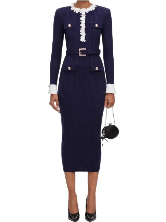 SELF-PORTRAIT Ribbed Knit Midi Dress With Belt And Ruffle Detail - Navy
