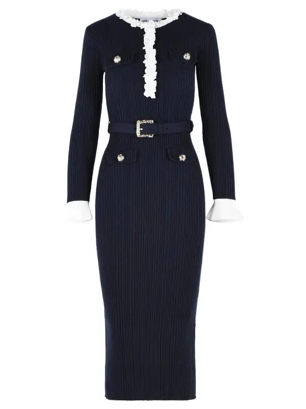 SELF-PORTRAIT Floral Appliqué Belted Midi Dress - Navy