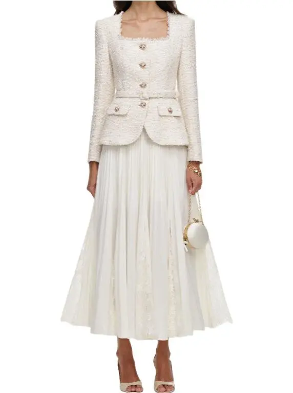 SELF-PORTRAIT Tailored Boucle And Chiffon Midi Dress - Cream