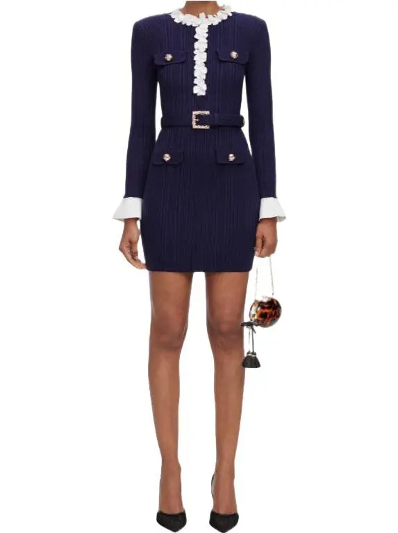SELF-PORTRAIT Flower Rib Knit Mini Dress - Navy