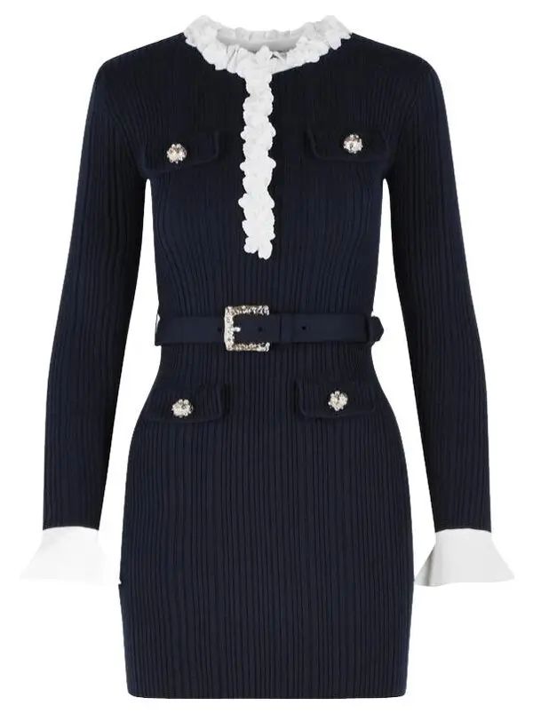 SELF-PORTRAIT Flower Detailed Knitted Mini Dress - Navy