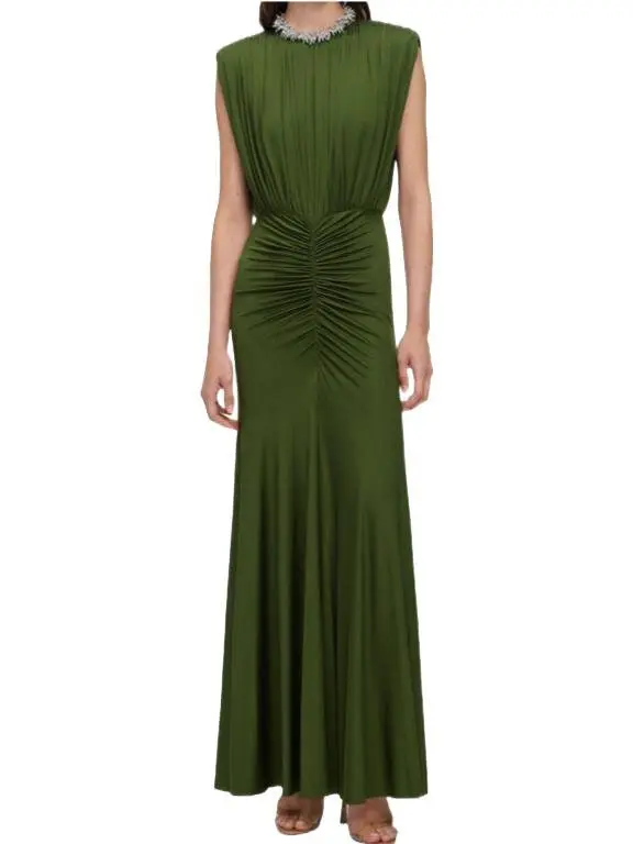 SELF-PORTRAIT Jersey Gathered Maxi Dress - Olive