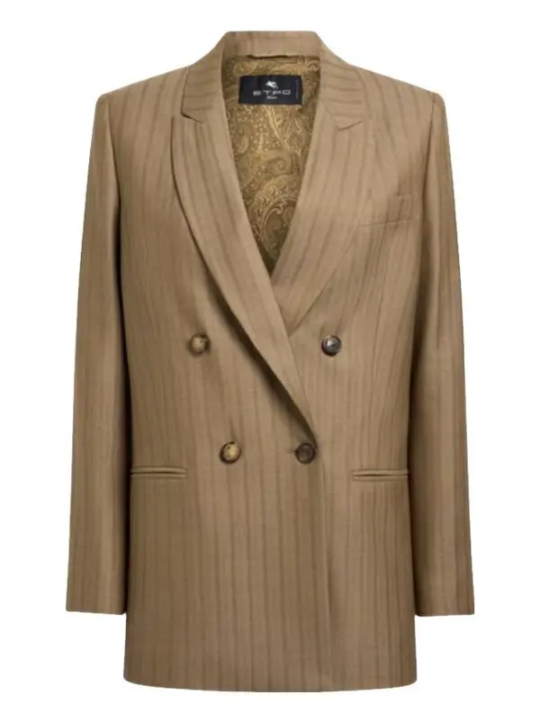 Etro Double-breasted Wool Jacquard Jacket With Striped Pattern - Camel