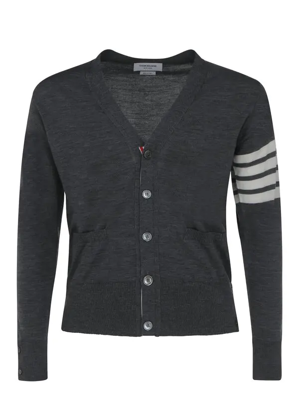 Thom Browne Virgin Wool Cardigan With Striped Cuffs And Signature Details - Gray
