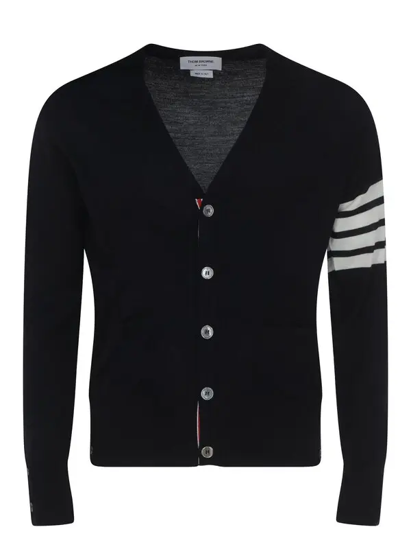 Thom Browne Virgin Wool V-neck Cardigan With Striped Cuffs - Blue