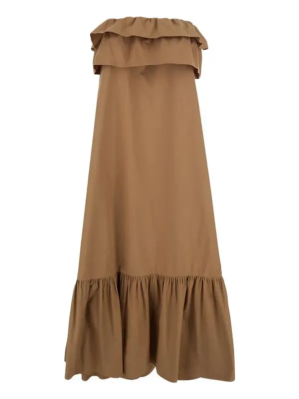 Saint Laurent Beige Long Dress With Bustier Neckline And Ruffled Skirt In Cotton - Multicolor
