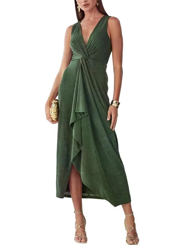 BWLDR Andi Twist-detail Ruffled Asymmetric Midi Dress - Green