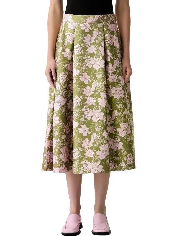 JOOP! Floral Print Pleated Midi Skirt - Green