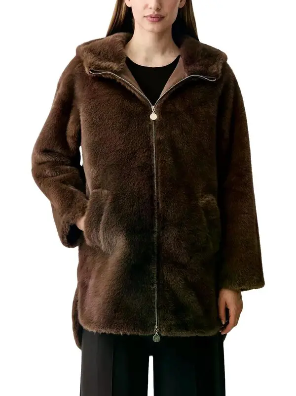 Joseph Ribkoff Hooded Faux Fur Jacket - Brown