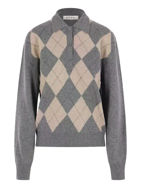 RÓHE Argyle Check Long Sleeve Polo Sweater - Grey