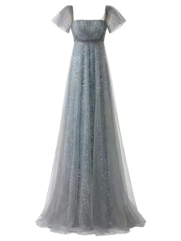 GEMY MAALOUF Sequin-embellished Puffed-sleeve Maxi Dress - Grey