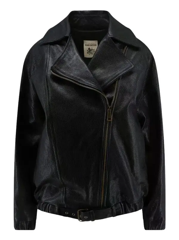 SEMICOUTURE Leather Belted Biker Jacket - Black