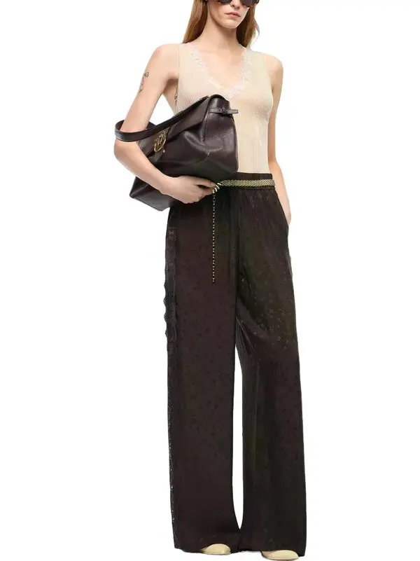 Pinko Palazzo Trousers With Floral Motif And Lace Trim - Brown