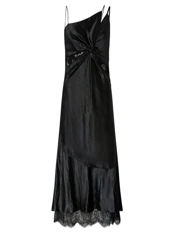 Pinko Long Satin Draped Dress With Lace Trim - Black