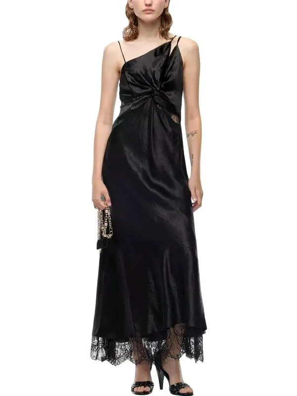 Pinko Long Satin Draped Dress With Lace Trim - Black