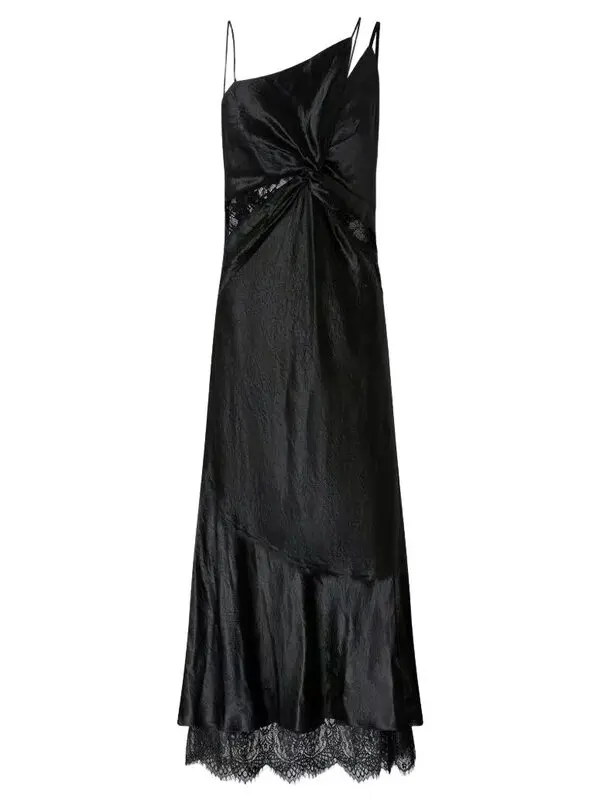 Pinko Long Satin Draped Dress With Lace Trim - Black