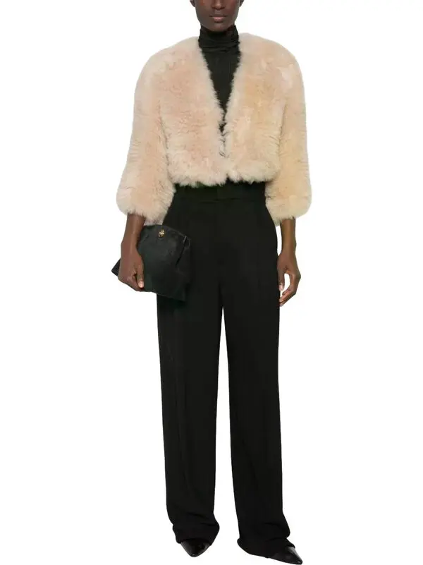 HEVA Fur Jacket With V-neck And Three-quarter Sleeves - Neutrals